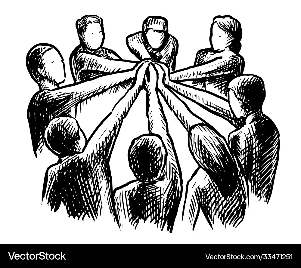 Hatching people hold hand together teamwork sketch