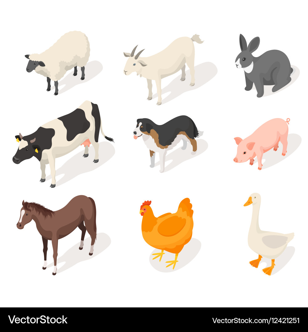 Isometric 3d set of farm animals Royalty Free Vector Image
