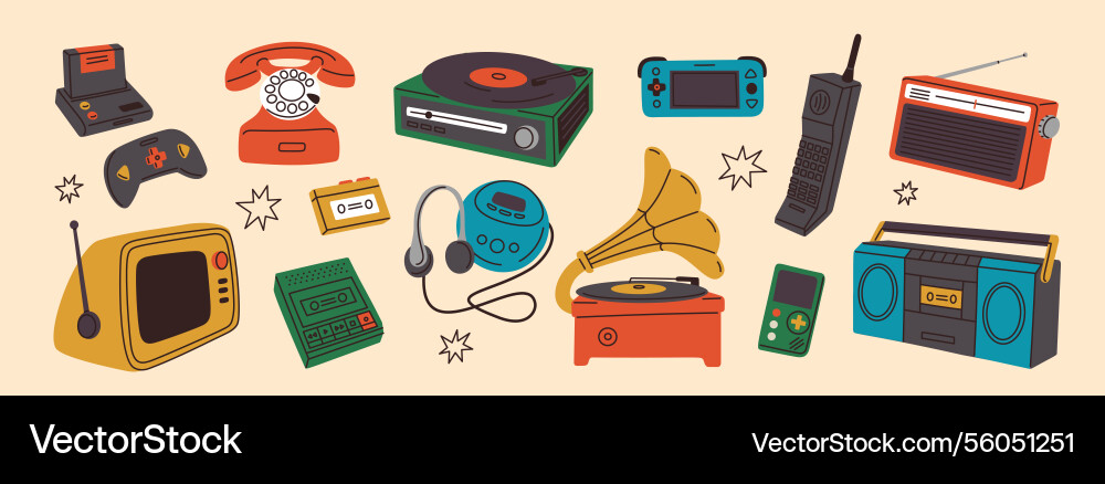 Retro gadgets vintage electronic devices 90s Vector Image