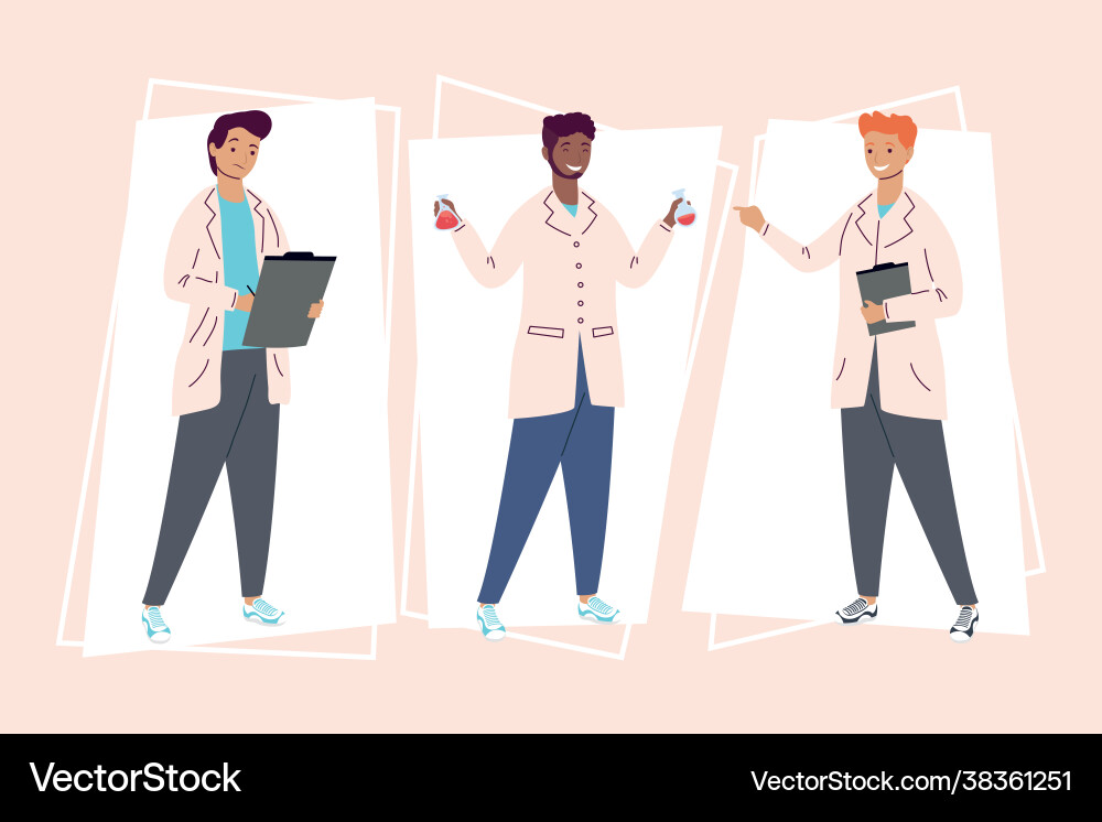 Three laboratory male workers Royalty Free Vector Image