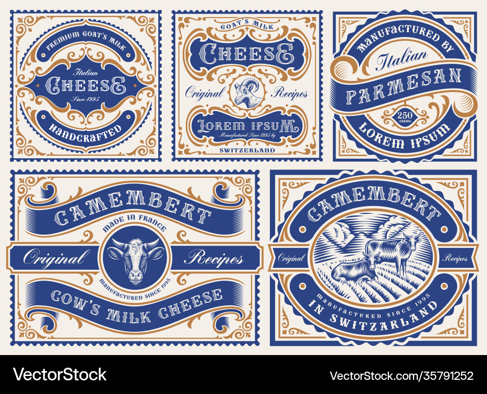 A set vintage editable cheese labels Royalty Free Vector