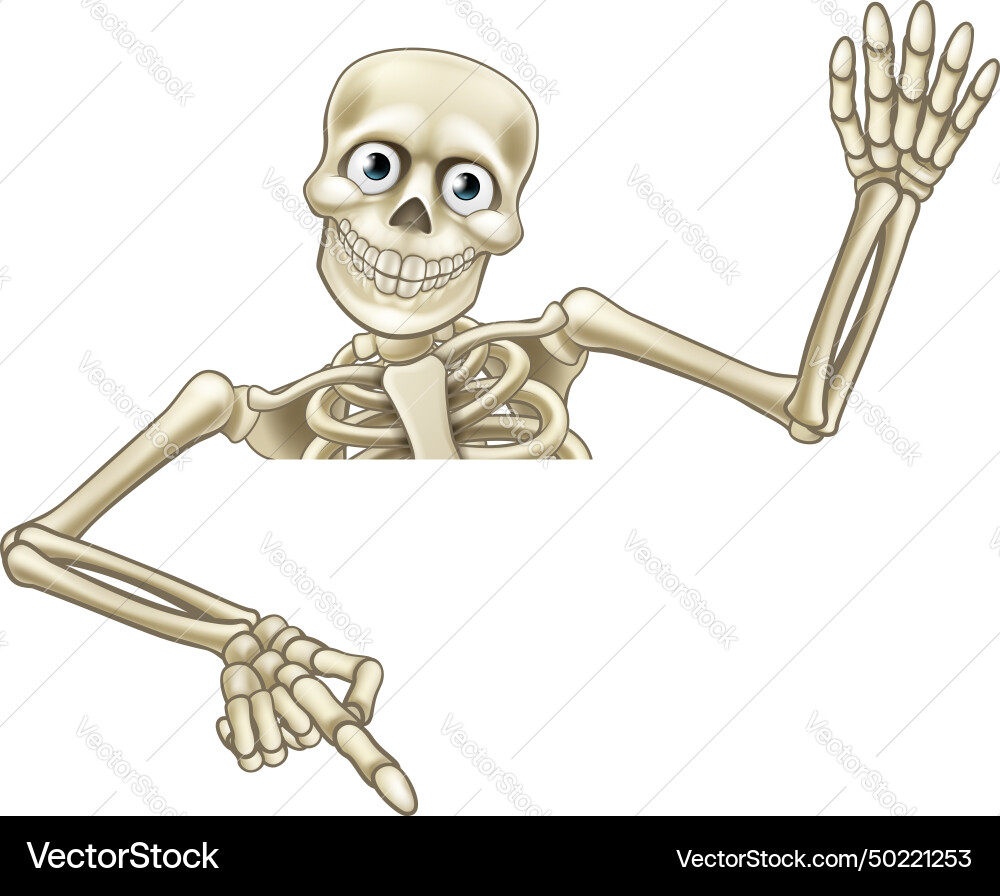 Cartoon skeleton pointing down Royalty Free Vector Image