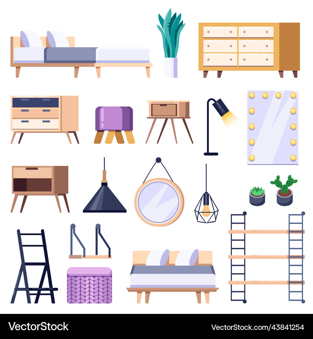 Bedroom interior isolated icons flat Royalty Free Vector