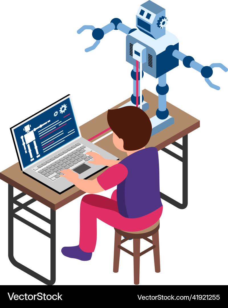 Child programming robot composition Royalty Free Vector
