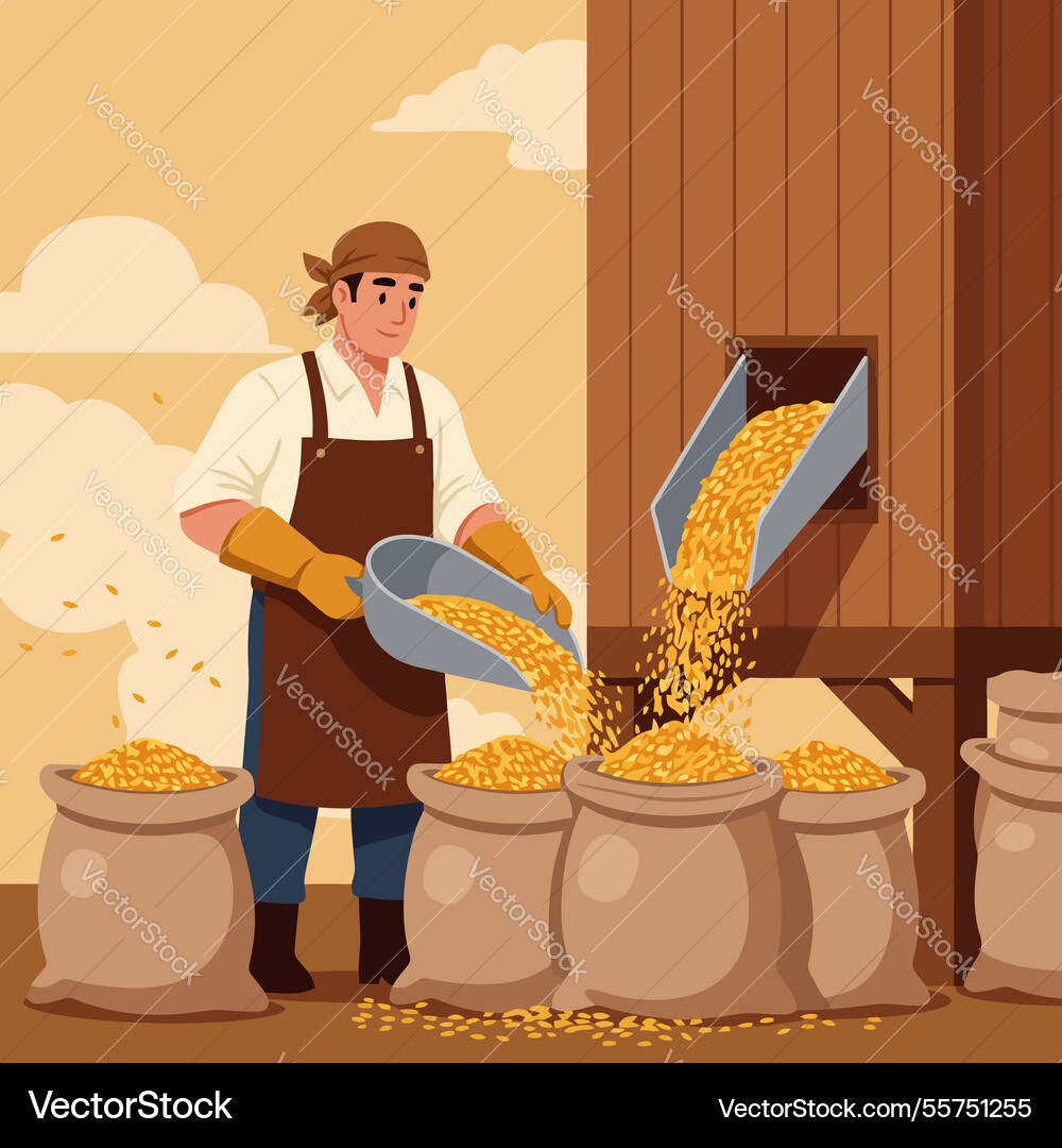 Grain loading into sacks worker filling bags Vector Image