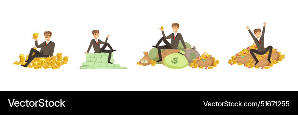 Rich man character bathing in his money set Vector Image