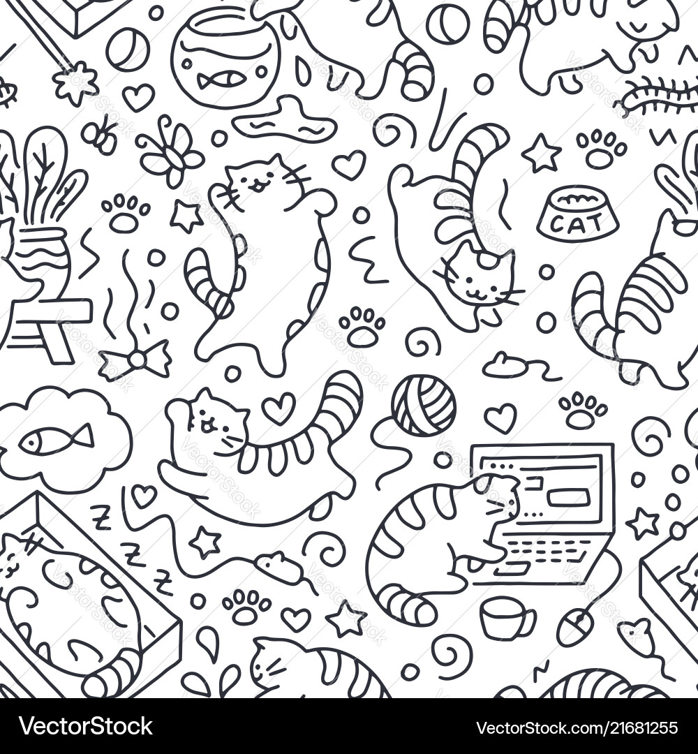 Seamless pattern with cute cats line drawing Vector Image