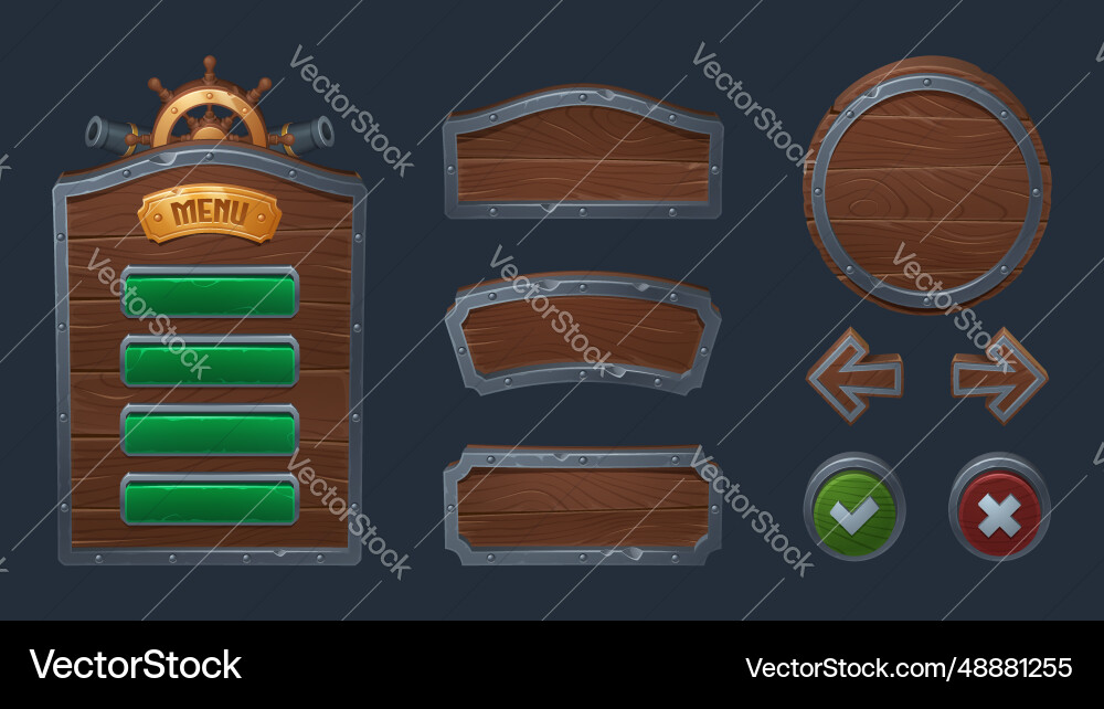 Wood pirate ui game frame and board button Vector Image