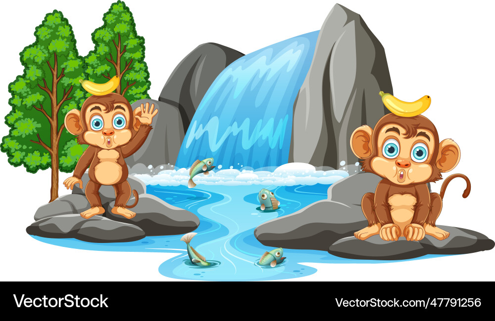 Funny monkey at waterfall scene Royalty Free Vector Image