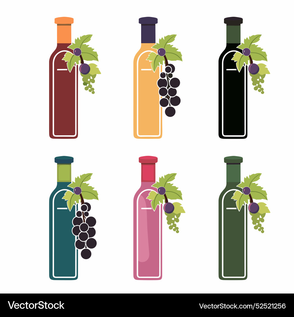Six colorful wine bottle adorned Royalty Free Vector Image
