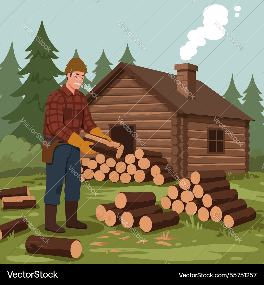 Man stacking logs outside log cabin in forest Vector Image