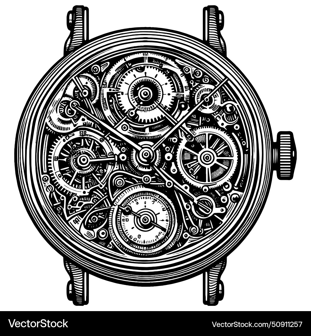 Old wristwatch with a complex mechanism sketch Vector Image