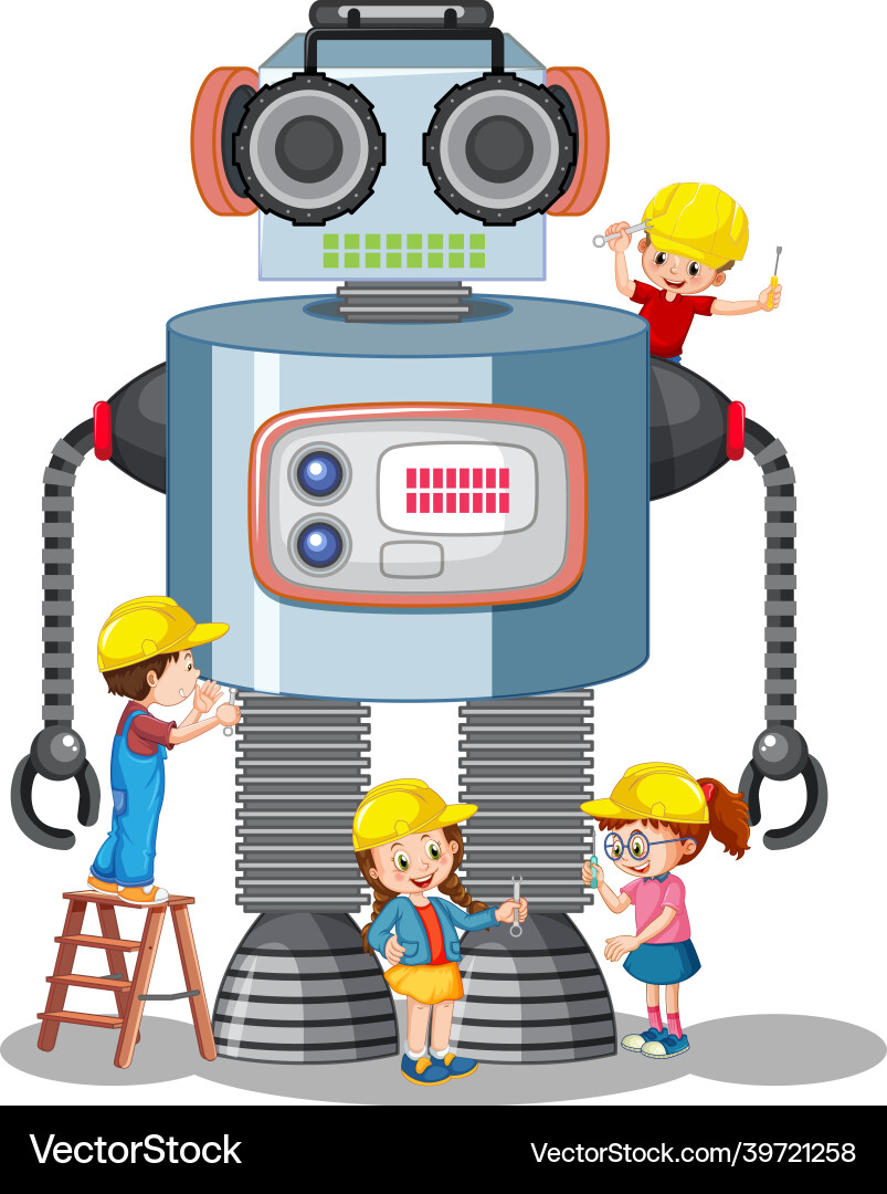 Children building robot together on white Vector Image