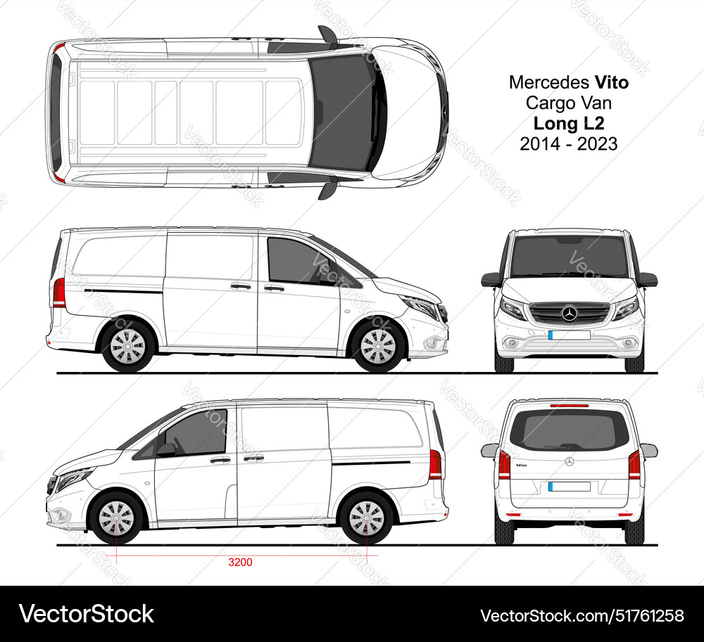Mercedes Vito Cargo Van L2 2014-2023 Template Vector Image