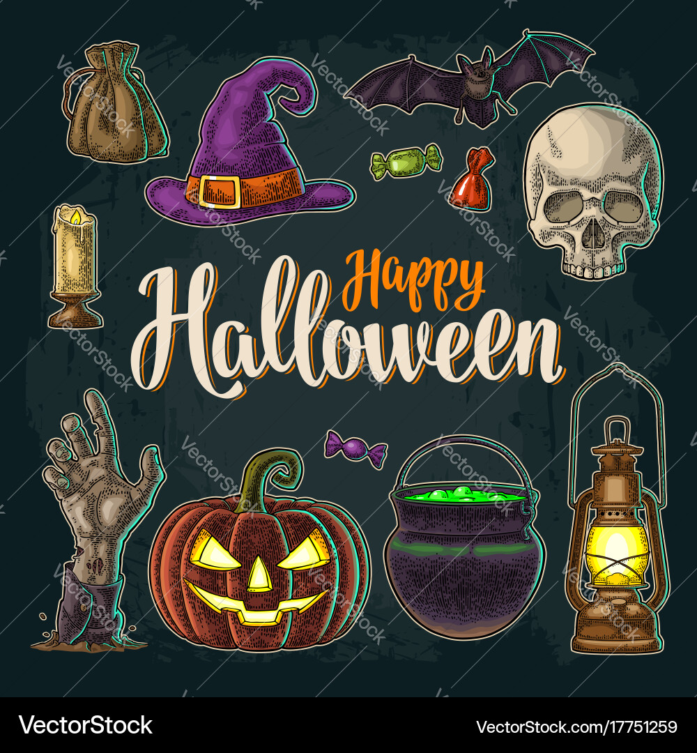 Happy halloween calligraphy lettering and set Vector Image