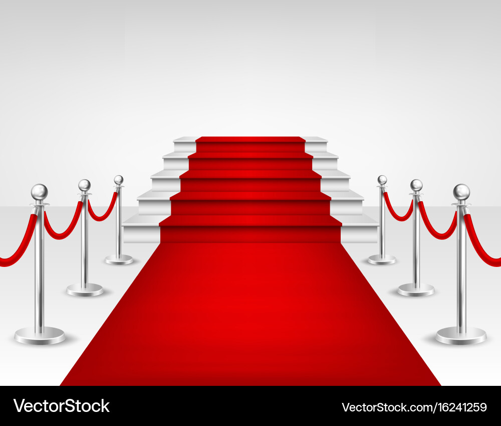 Realistic red event carpet silver barriers Vector Image