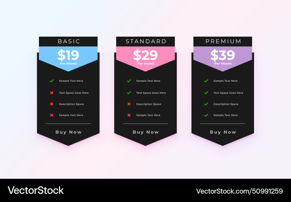 Three option subscription pricing plan table Vector Image