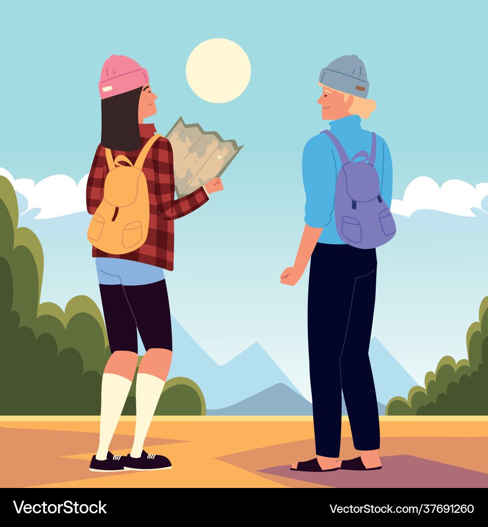 Backpackers with map Royalty Free Vector Image