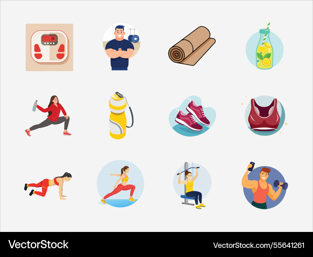 Gym icon pack fitness workout exercise Royalty Free Vector