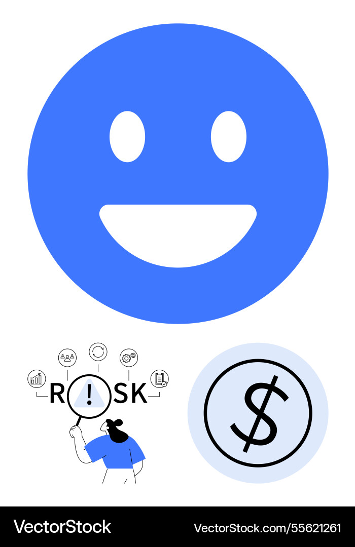 Happy face magnifying glass analyzing risk Vector Image