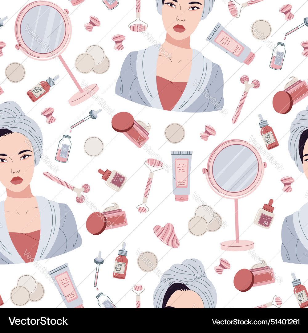 Seamless pattern with asian girl and cosmetics Vector Image