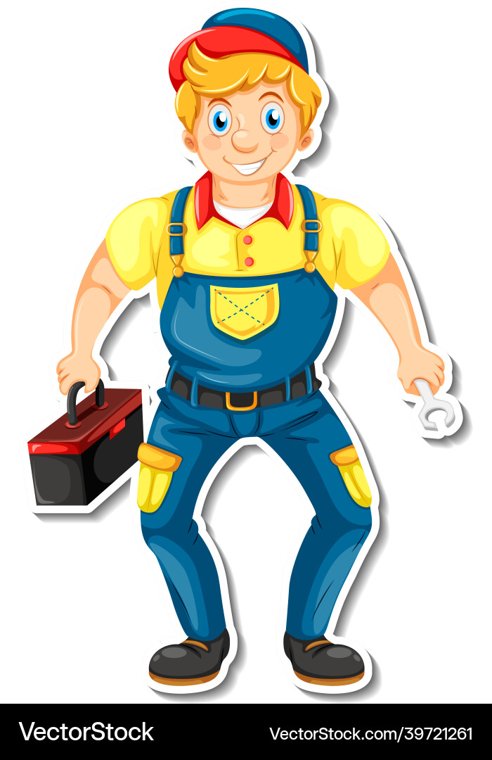 Sticker design with auto mechanic cartoon Vector Image