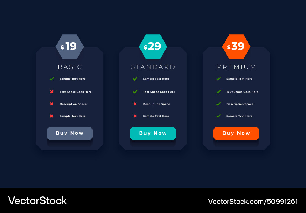 Three column pricing chart table layout for web Vector Image