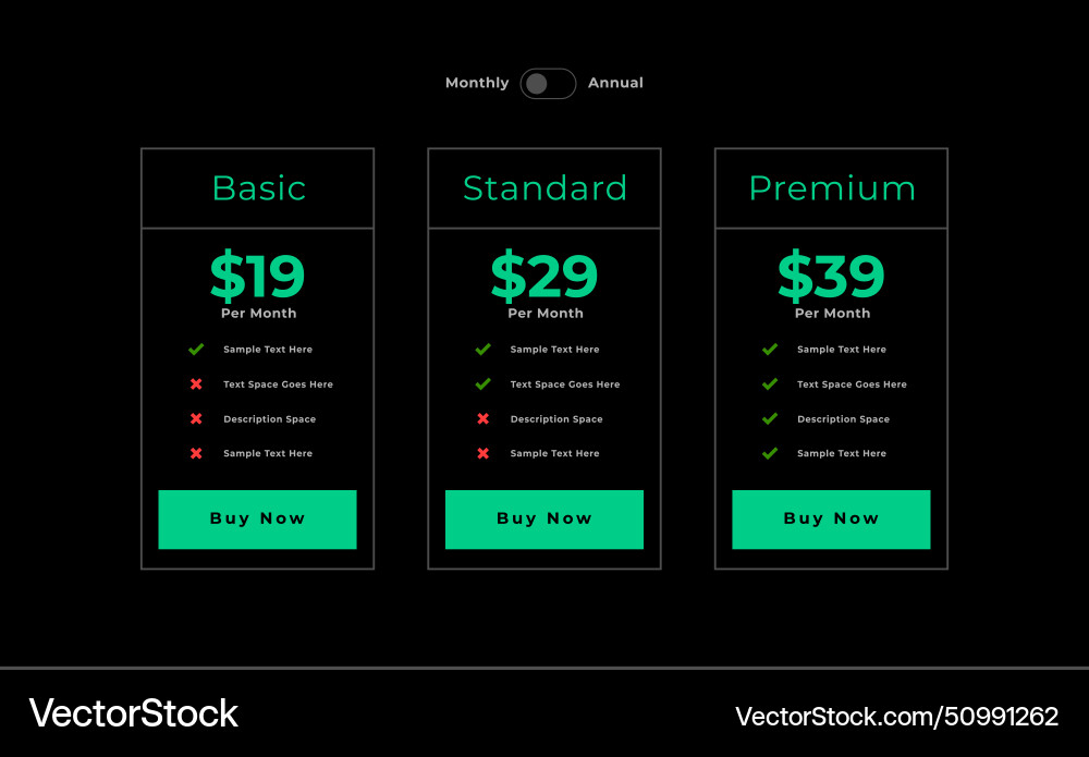 3 column pricing chart table dark template Vector Image