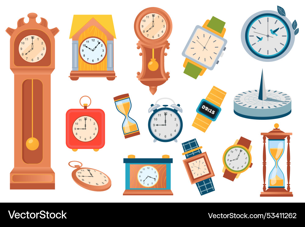 Mechanical and electronic clocks set elements Vector Image