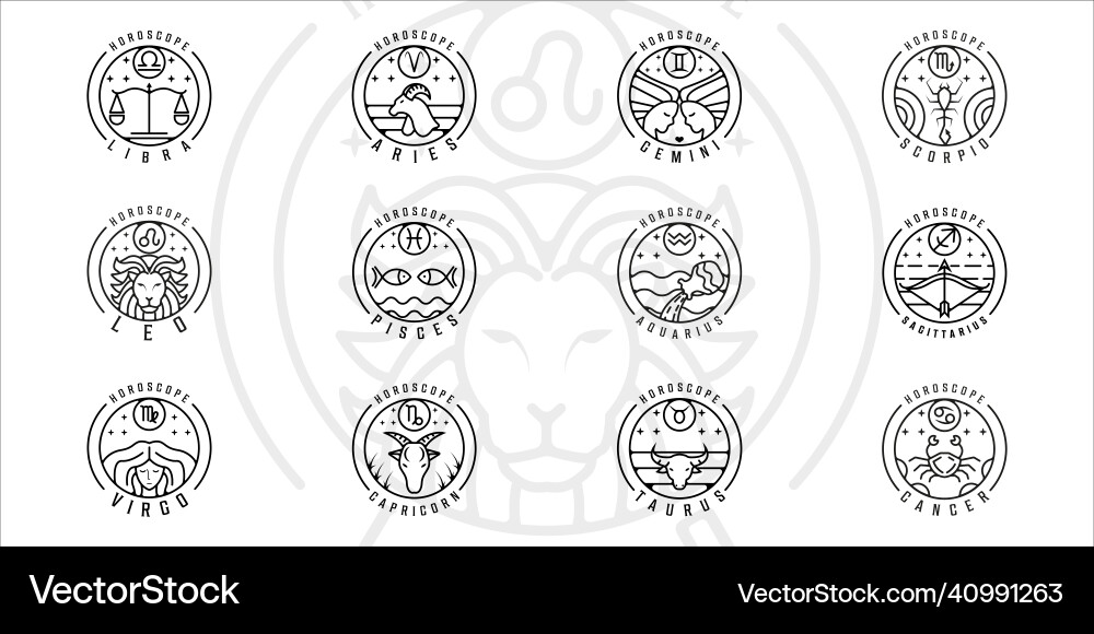 Zodiac Horoscope Logo Line Art Set Royalty Free Vector Image