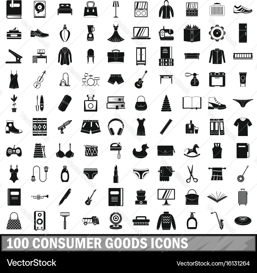 100 consumer goods icons set simple style Vector Image