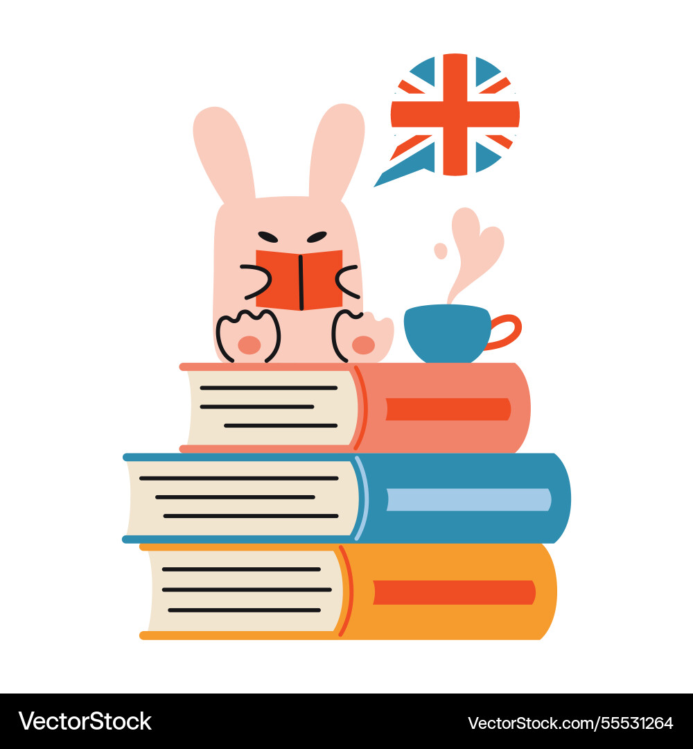 Cute rabbit reading textbook on stack of books Vector Image