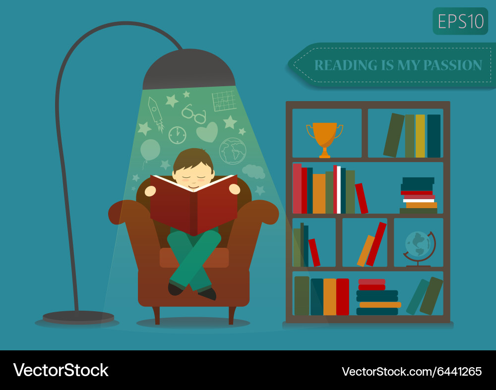 Boy reading book and imagine Royalty Free Vector Image