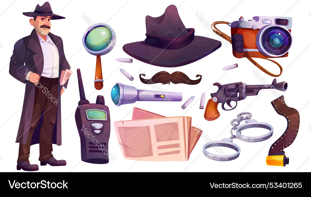 Detective character and spy equipment icon set Vector Image