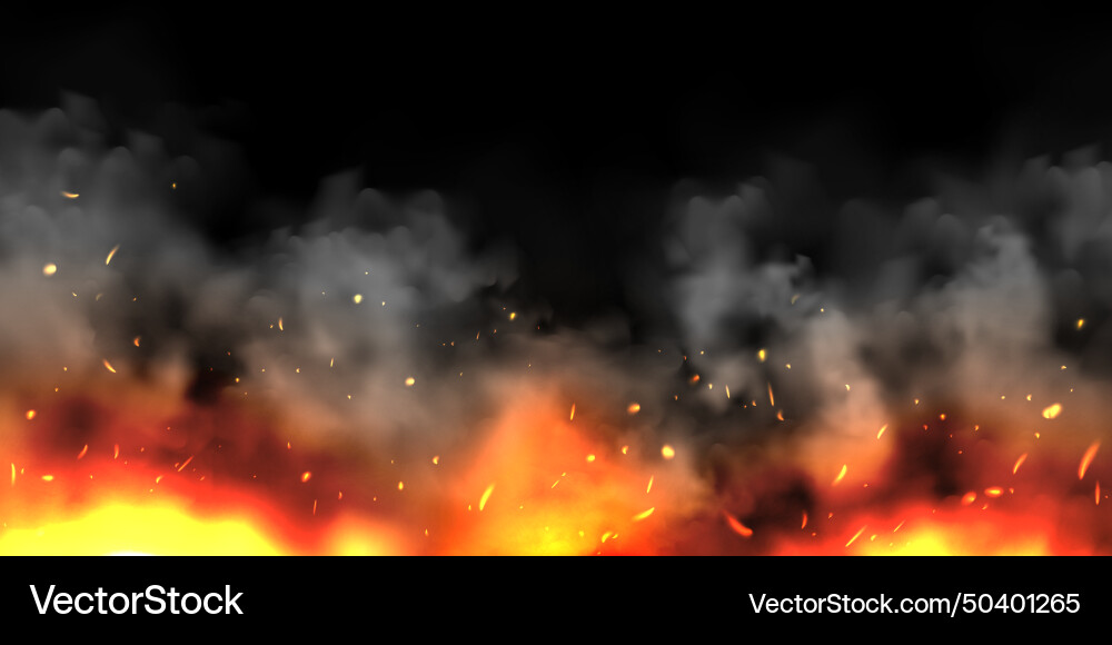 Realistic smoke clouds and fire on black Vector Image