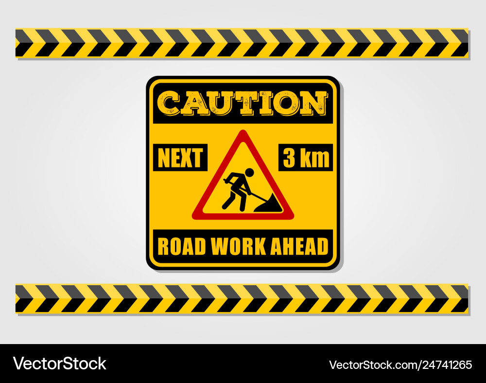 Road work ahead sign and caution lines Royalty Free Vector