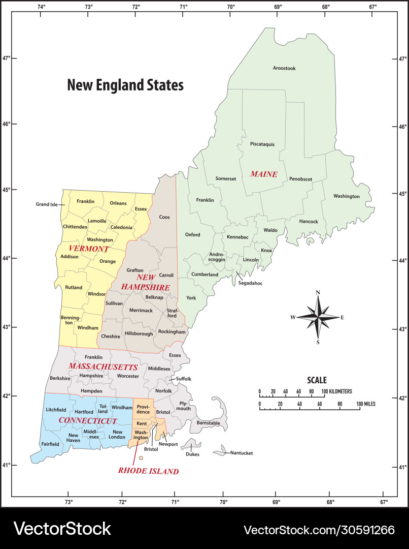 Administrative map new england states usa Vector Image