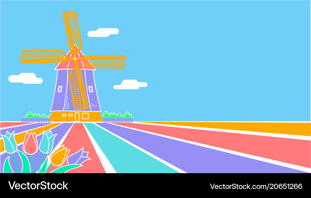 Dutch Windmills and Tulips Royalty Free Vector Image