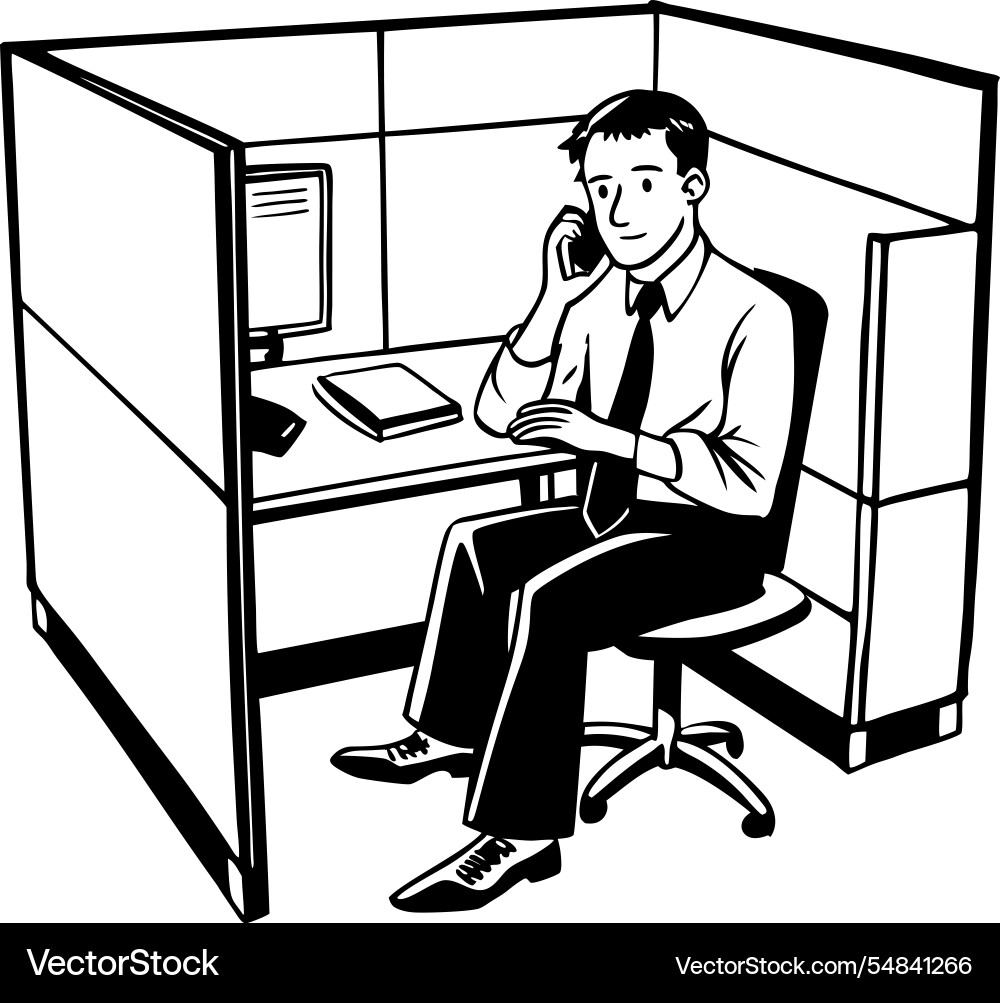 Employee calling while sitting in cubicle doodle Vector Image