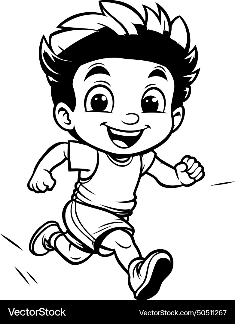 Running kid - black and white cartoon Royalty Free Vector