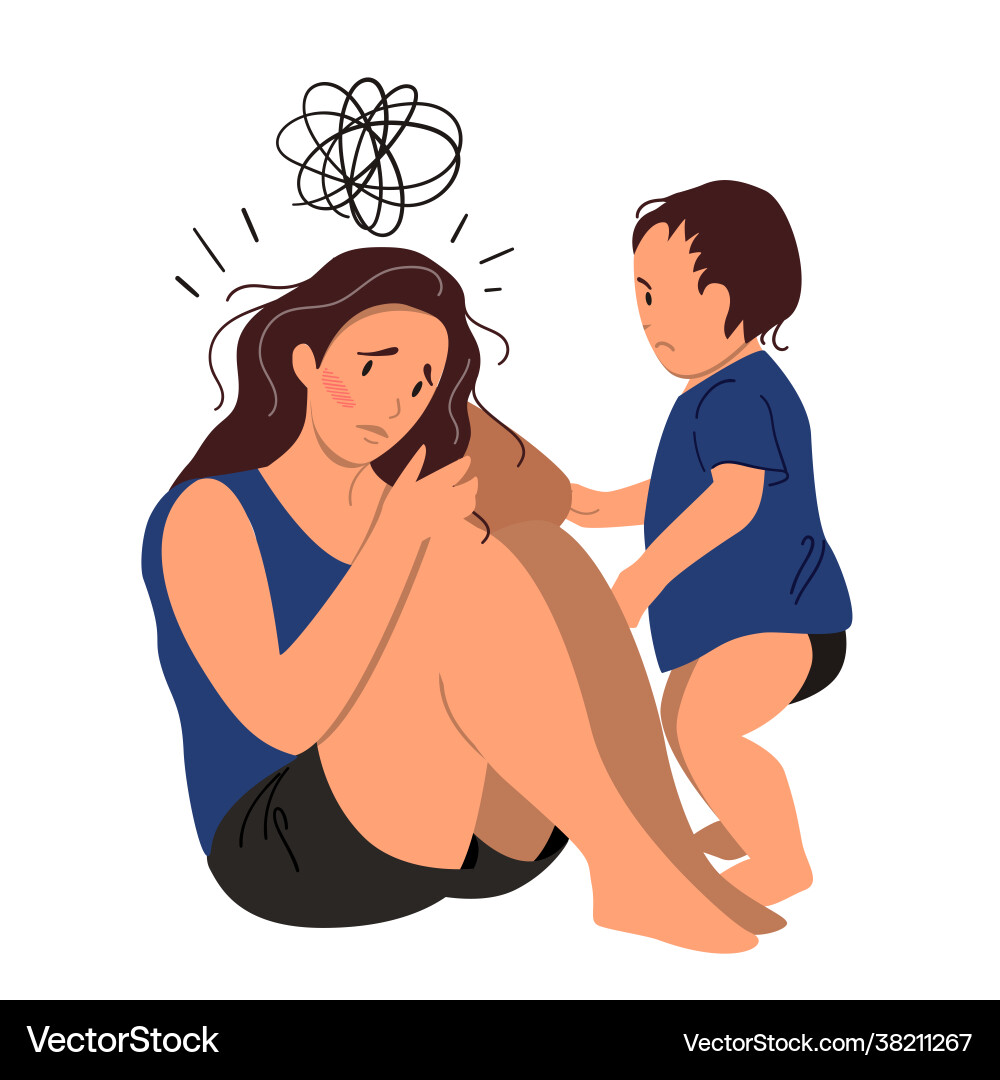 Sad mother sitting on floor with her Royalty Free Vector