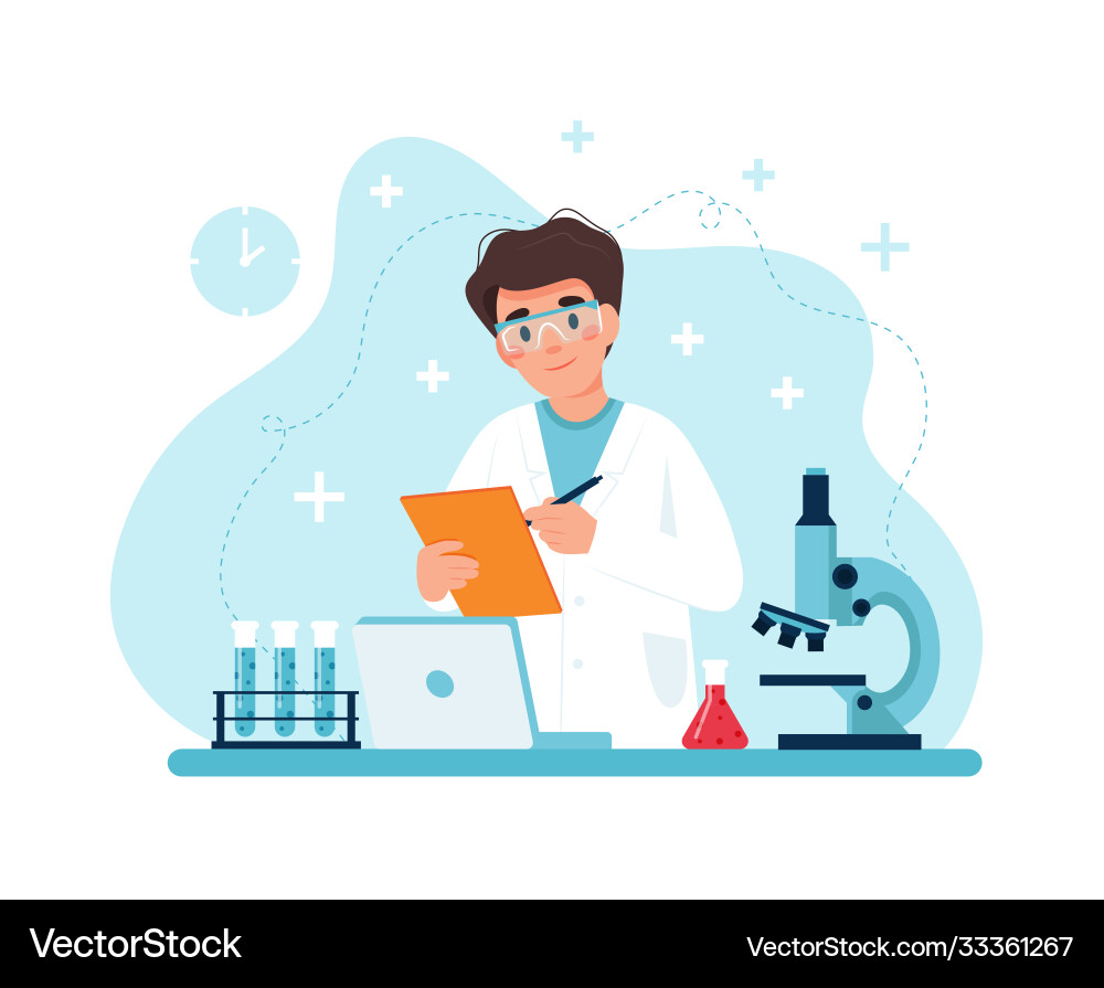 Scientist at work male character conducting Vector Image