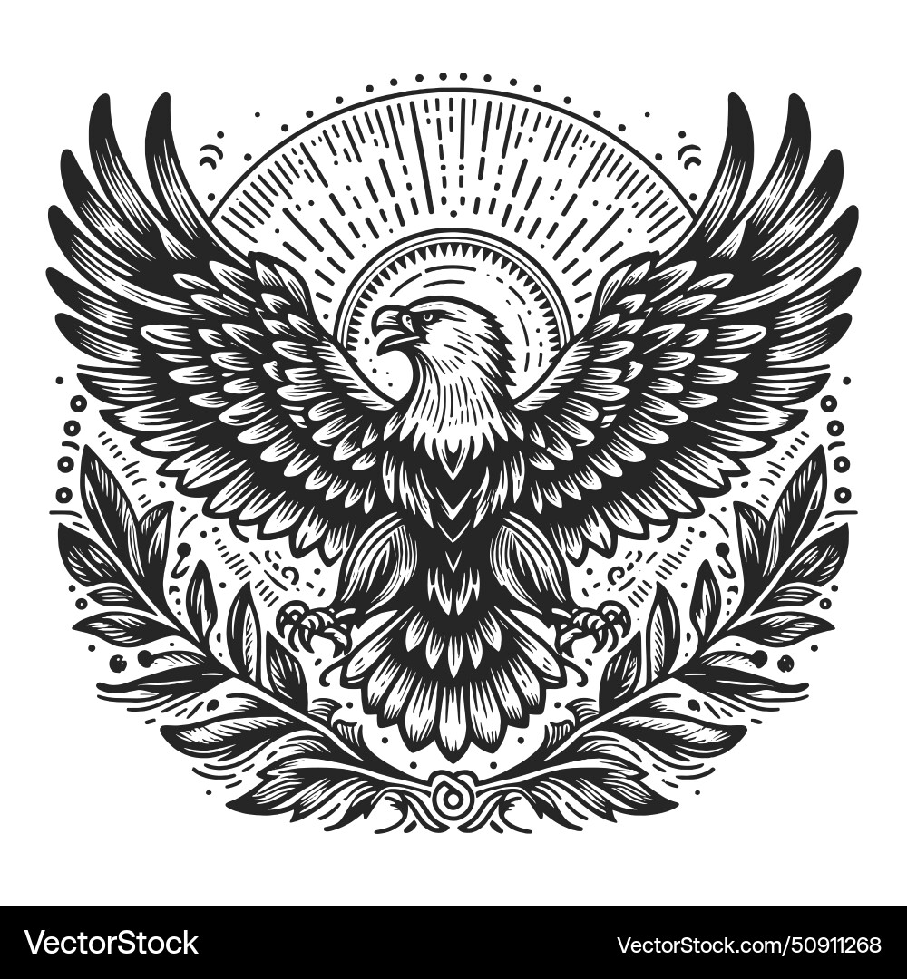 Majestic eagle engraved with sunburst Royalty Free Vector