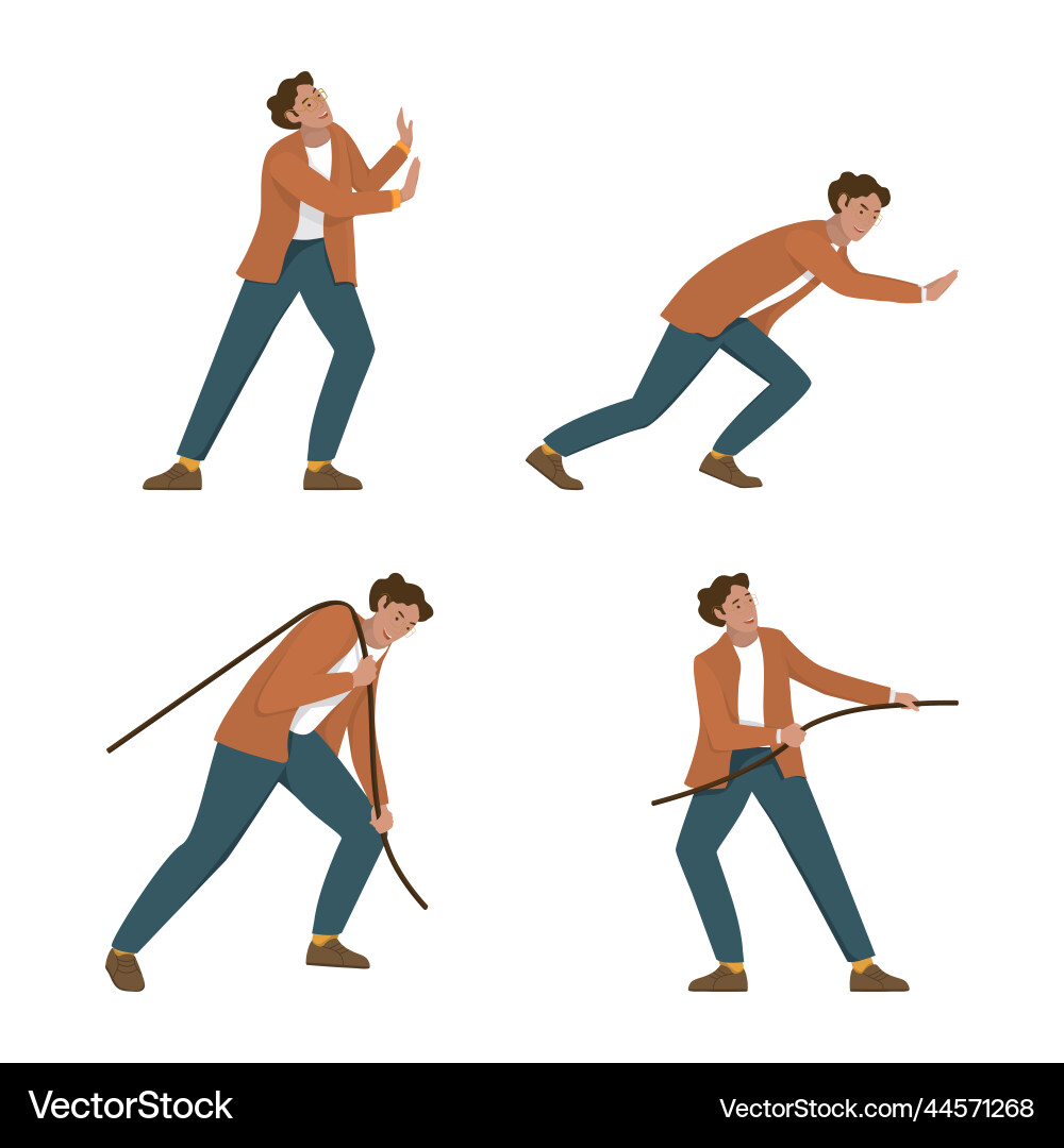 Man pull and push set of poses a young Royalty Free Vector