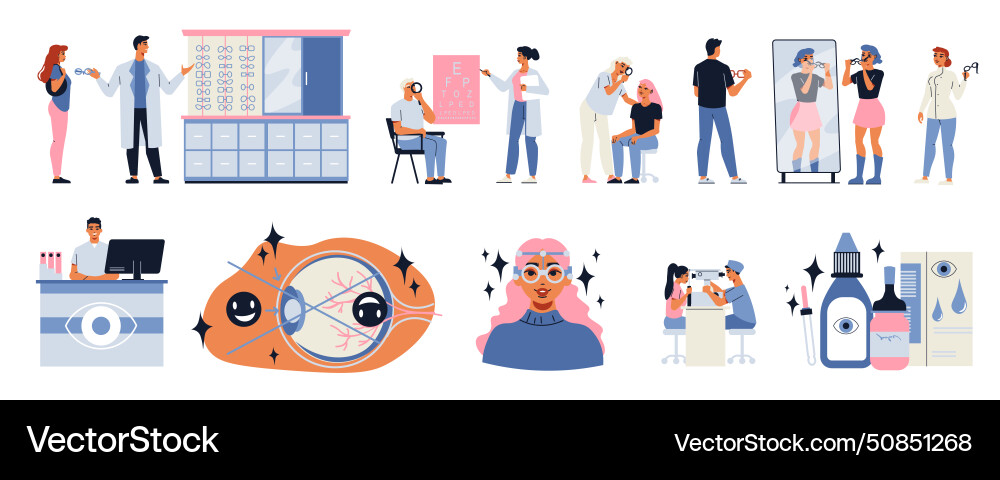 Ophthalmologist optics flat set Royalty Free Vector Image