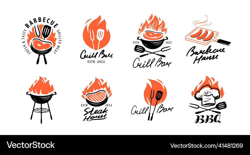 Bbq and grill emblem set barbecue labels badges Vector Image