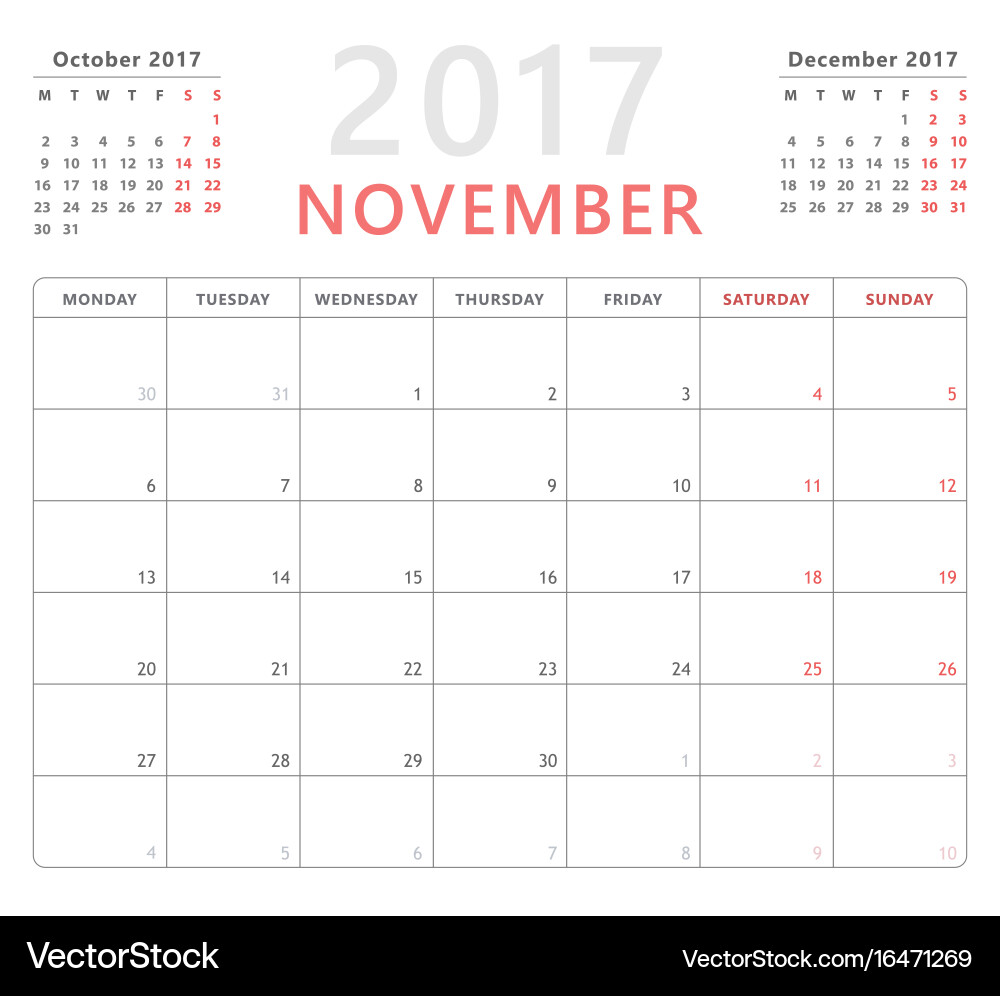 Calendar planner 2017 november week starts monday Vector Image
