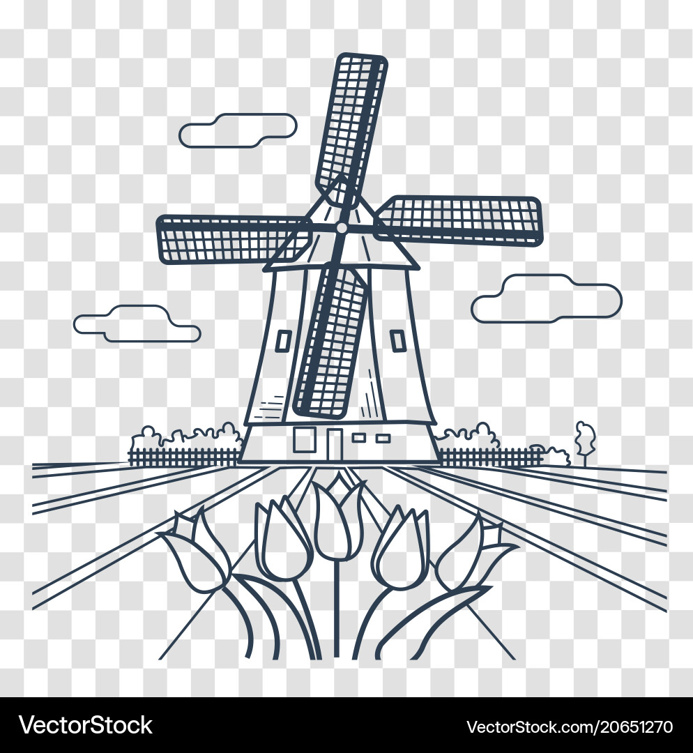 Dutch Windmill Landscape Royalty Free Vector Image