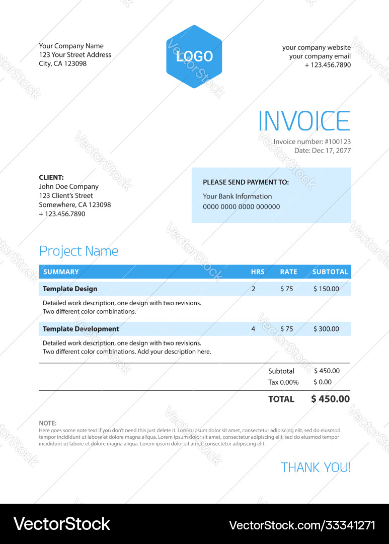 Invoice template - blue color minimalist design Vector Image
