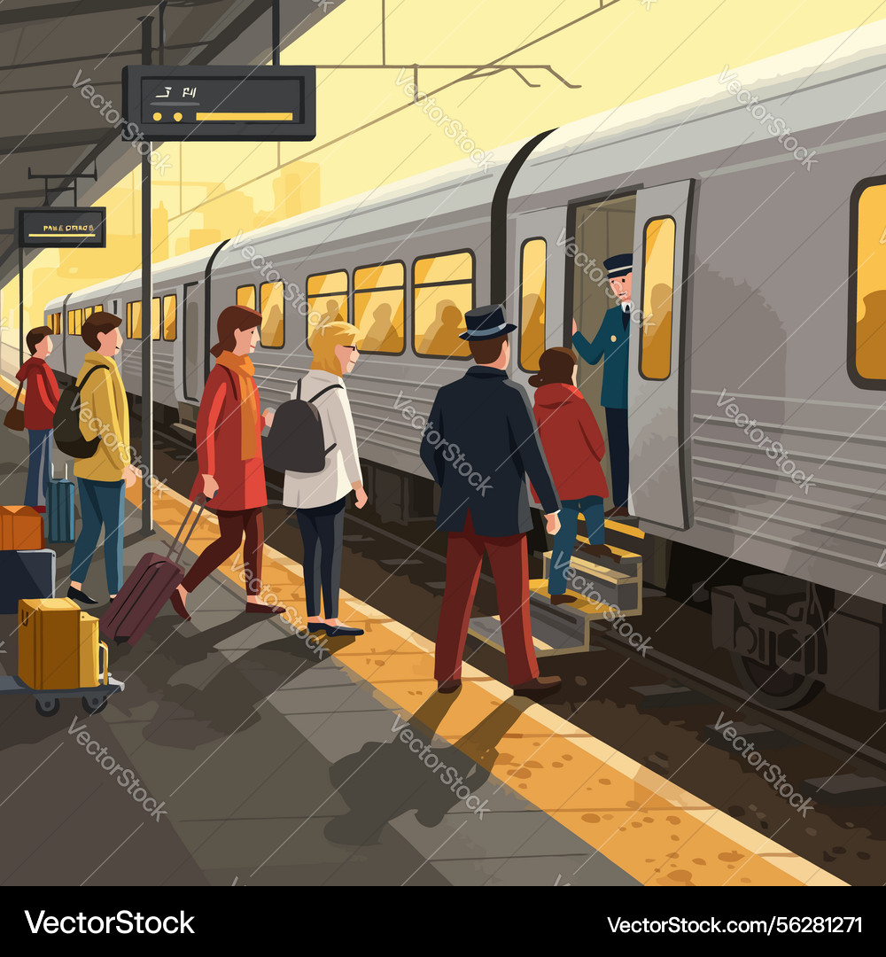 Passengers Boarding Train at Station Royalty Free Vector
